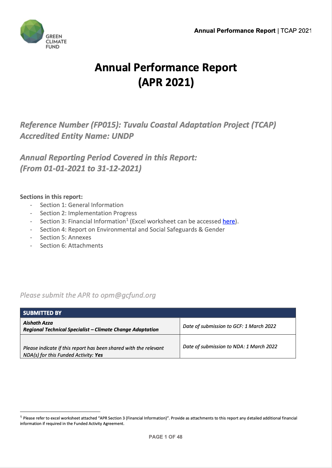 Annual Performance Report | TCAP | 2021 | UNDP Climate Change Adaptation